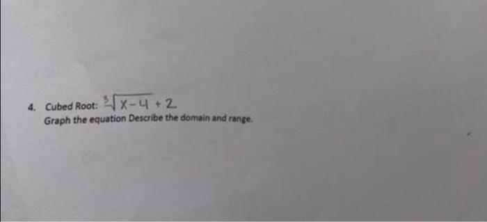 Solved 4. Cubed Root: 3x-4+2 Graph the equation Describe the | Chegg.com