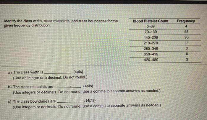 Solved Identify the class width, class midpoints, and class | Chegg.com