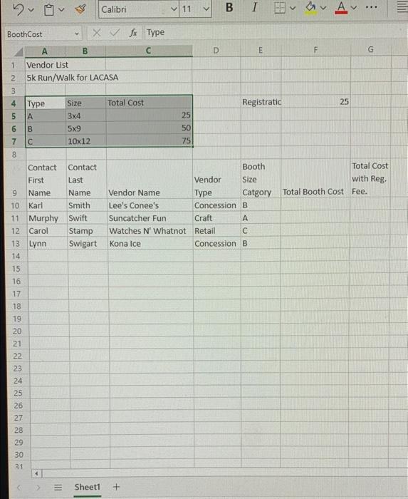 Solved i need a VLOOKUP formula to determine booth cost | Chegg.com