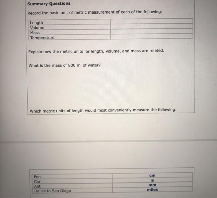 Solved Summary Questions Record the basic unit of metric | Chegg.com