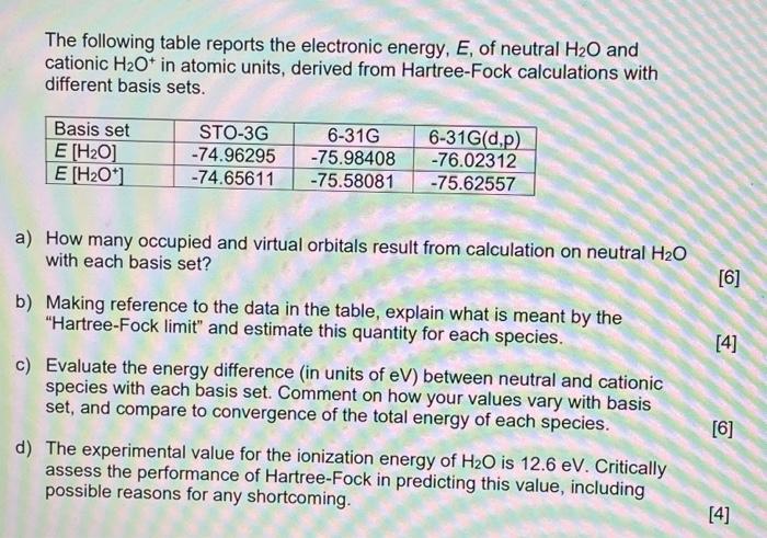 Solved The following table reports the electronic energy, E, | Chegg.com