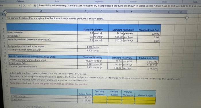 The standard cost card for a single unit of Robinson. | Chegg.com