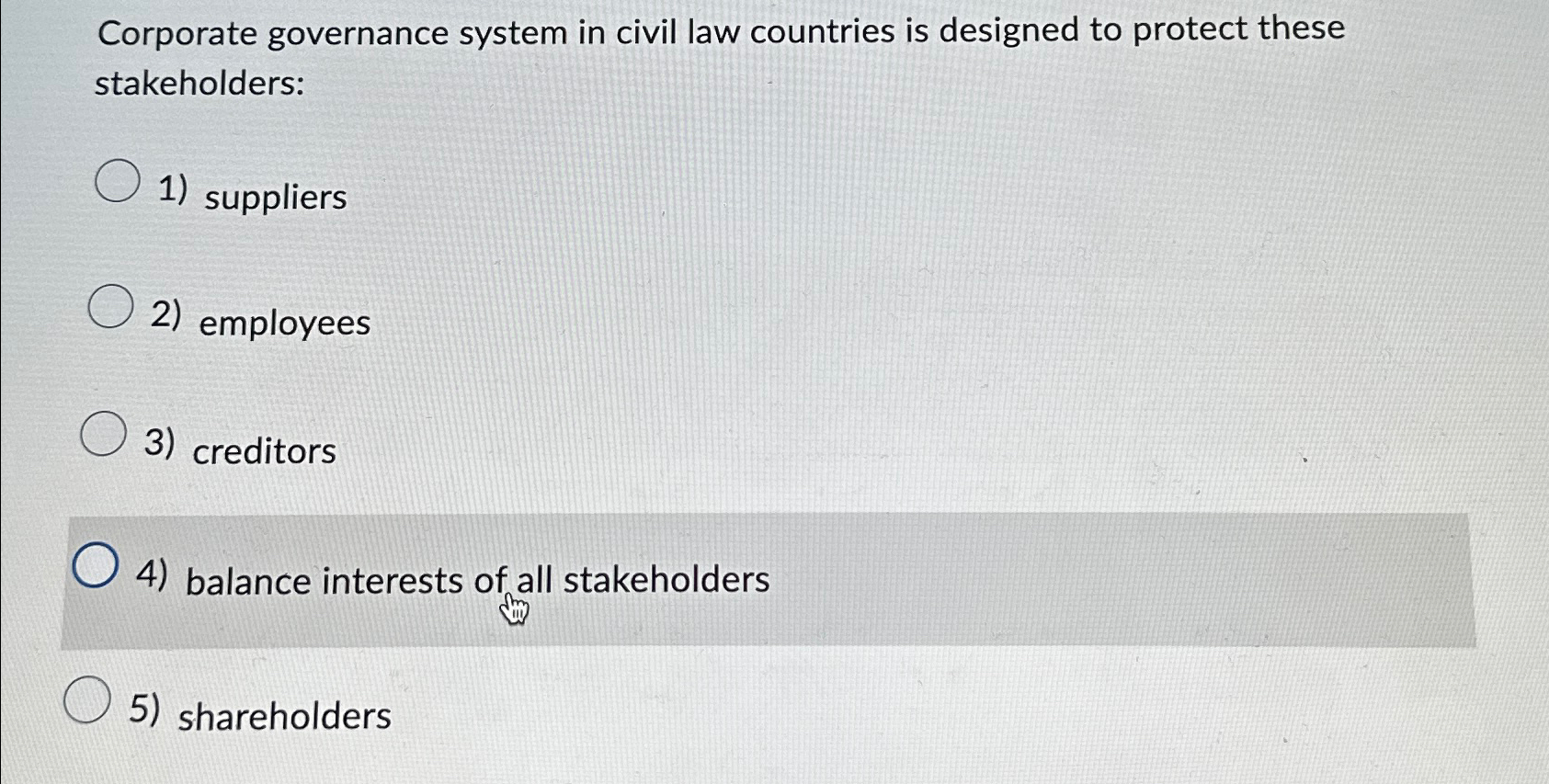 Solved Corporate governance system in civil law countries is | Chegg.com