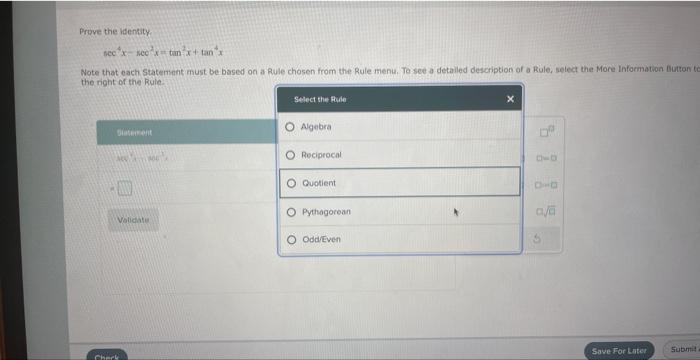Solved Prove the identity. sec4x−sec2x=tan2x+tan4x Note that | Chegg.com