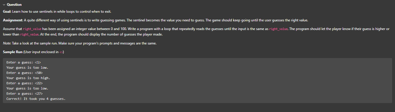 Solved QuestionGoal: Learn how to use sentinels in while | Chegg.com