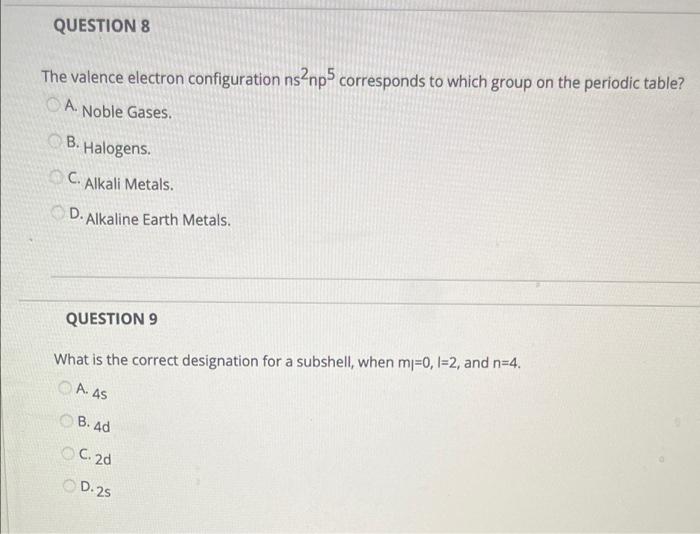 Solved QUESTION 8 The valence electron configuration ns2np5 | Chegg.com