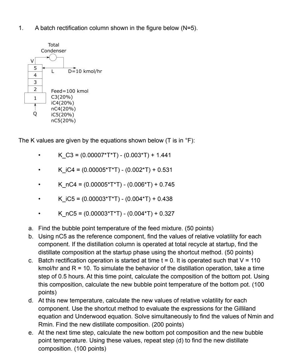 Solved 1. A batch rectification column shown in the figure | Chegg.com