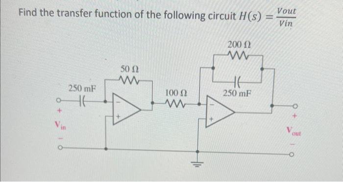 Solved Find the transfer function of the following circuit | Chegg.com
