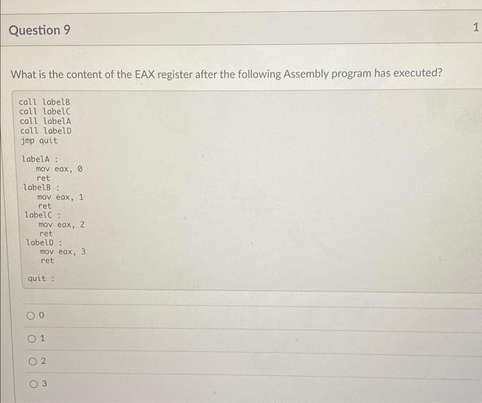 Solved Question 11 1 pts What is the content of the EAX | Chegg.com