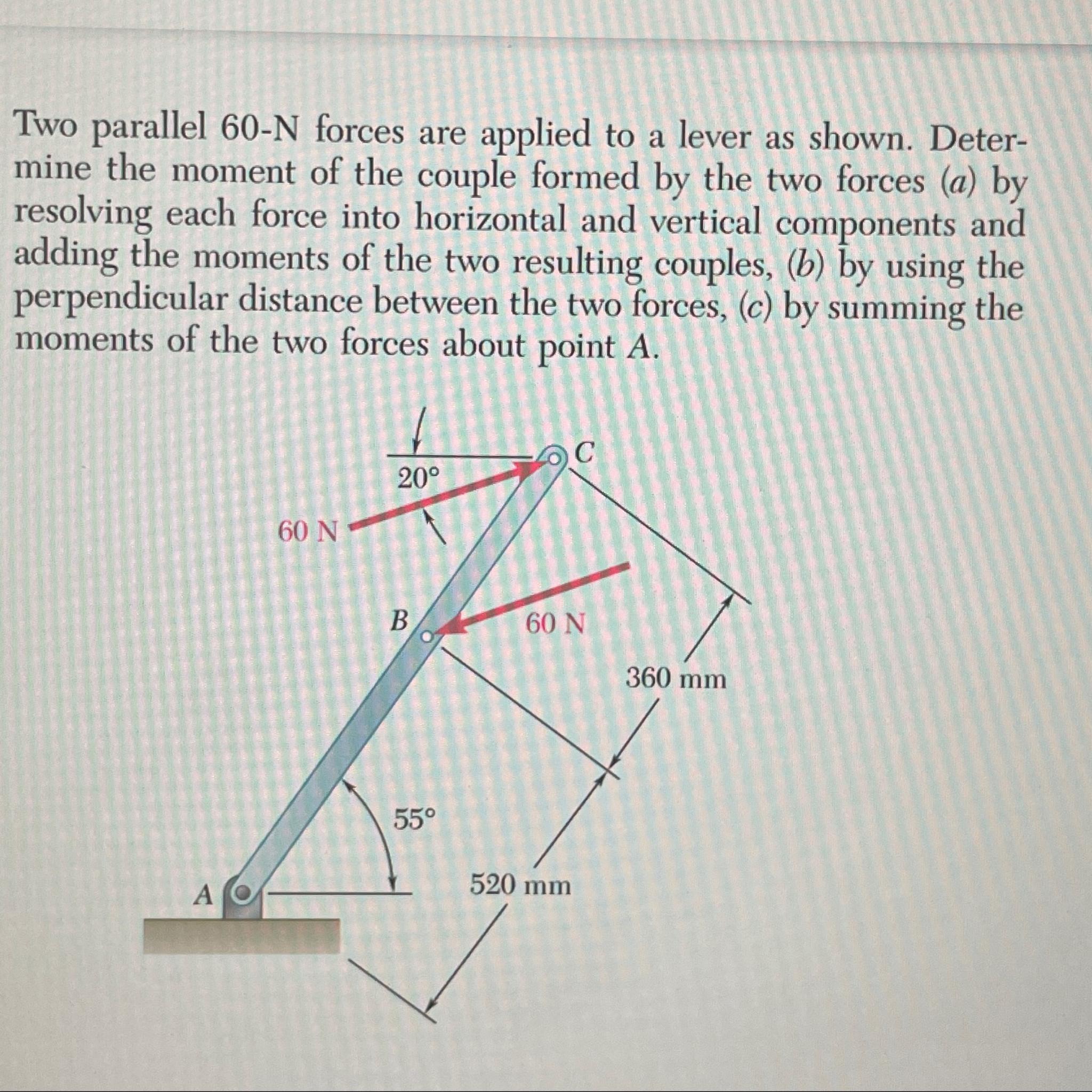 Solved Two parallel 60-N ﻿forces are applied to a lever as | Chegg.com