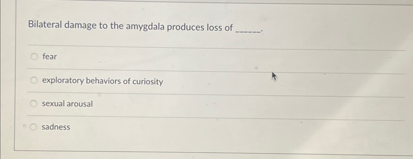 Solved Bilateral damage to the amygdala produces loss | Chegg.com
