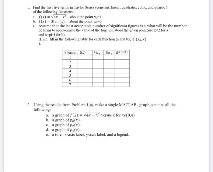 Solved 1. Find the first five terms in Taylor Series | Chegg.com