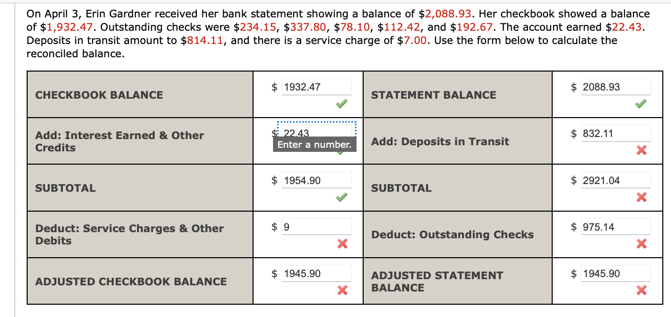 Solved On ﻿April 3, ﻿Erin Gardner received her bank | Chegg.com