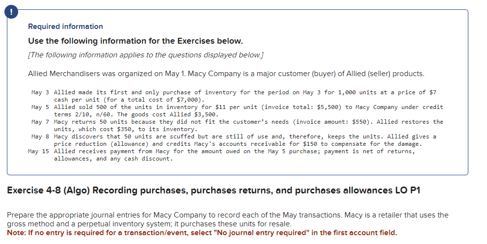 Solved Exercise 4-8 (Algo) Recording purchases, purchases | Chegg.com Solved Exercise 4-8 (Algo) Recording purchases, purchases | Chegg.com