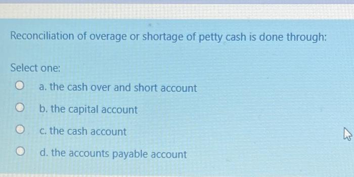 Solved Reconciliation of overage or shortage of petty cash | Chegg.com
