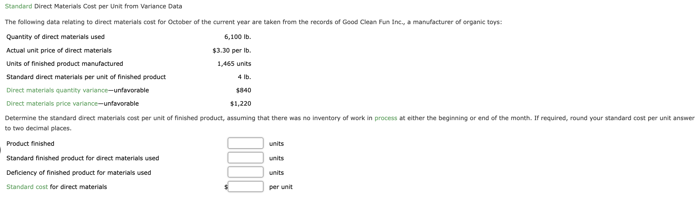 Solved Standard Direct Materials Cost per Unit from Variance | Chegg.com