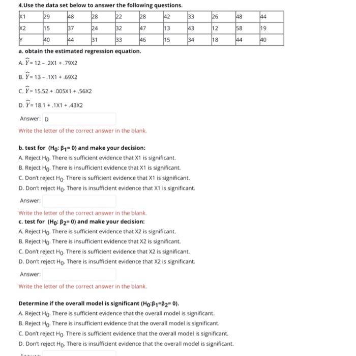 Solved 4.Use the data set below to answer the following | Chegg.com