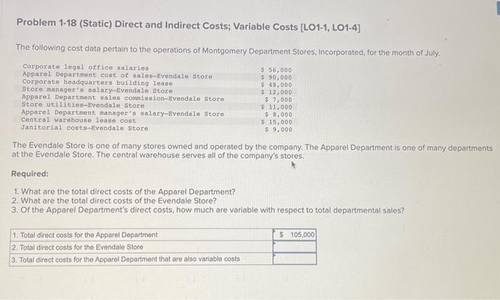 Solved Problem 1-18 (Static) Direct and Indirect Costs; | Chegg.com