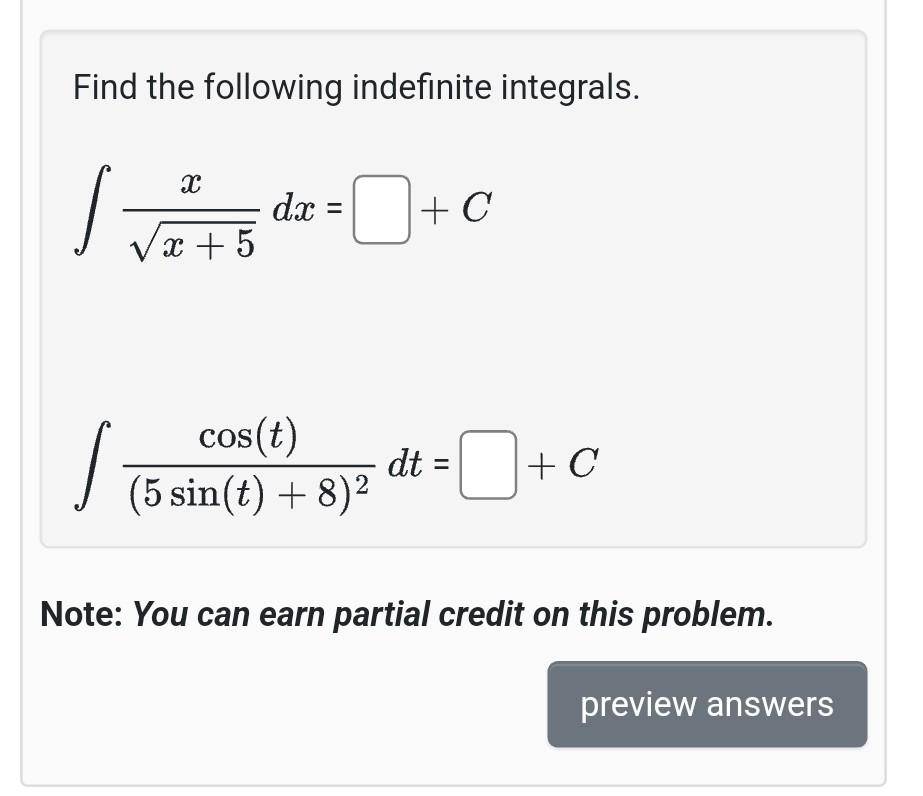 Solved Find the following indefinite integrals. ∫x+5xdx=+C | Chegg.com