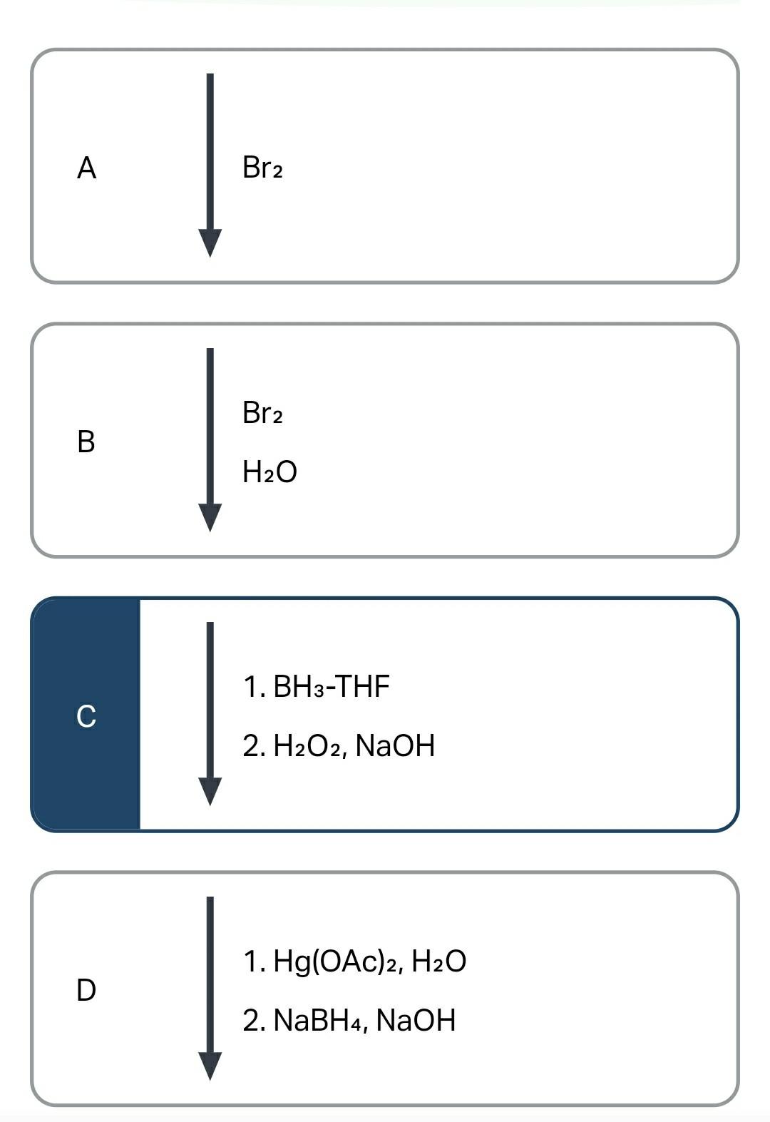 Solved ↓Br2 B ↓Br2H2O 1. BH3−THF C 2. H2O2,NaOH D 1. | Chegg.com
