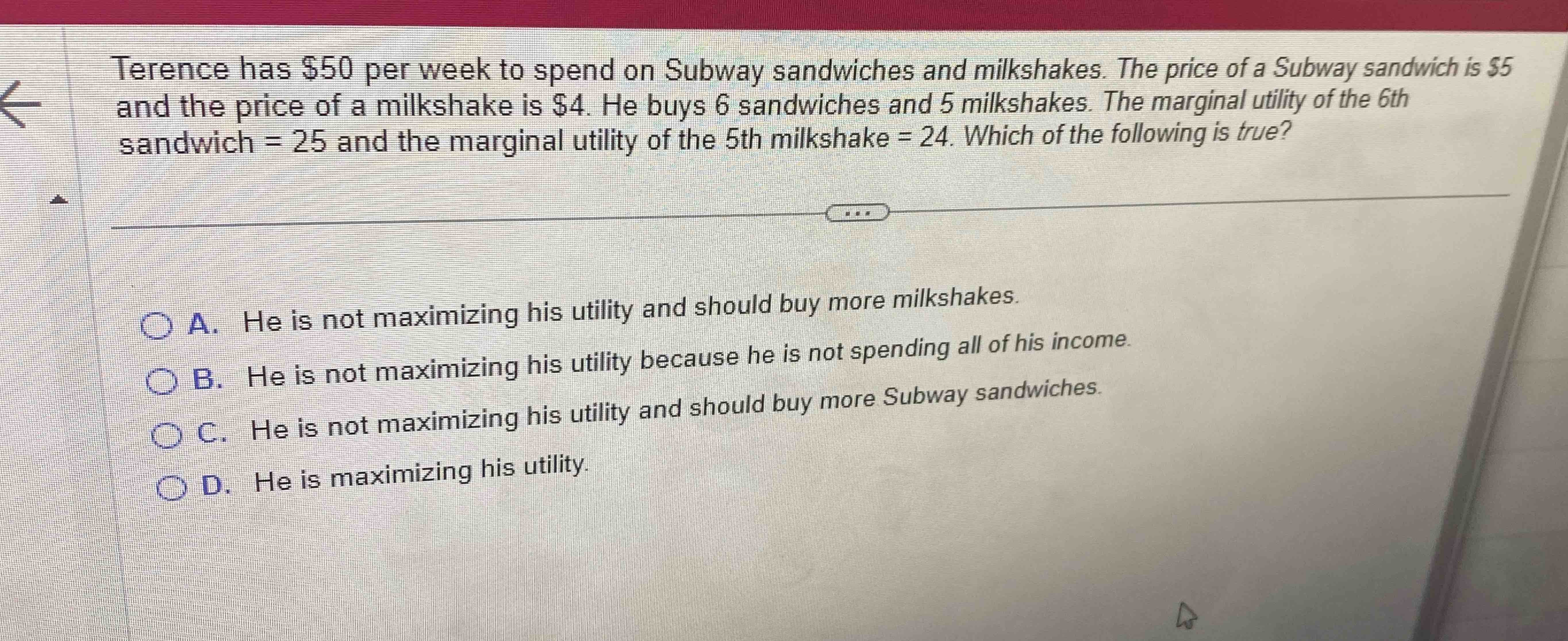 Solved Terence has $50 ﻿per week to spend on Subway | Chegg.com