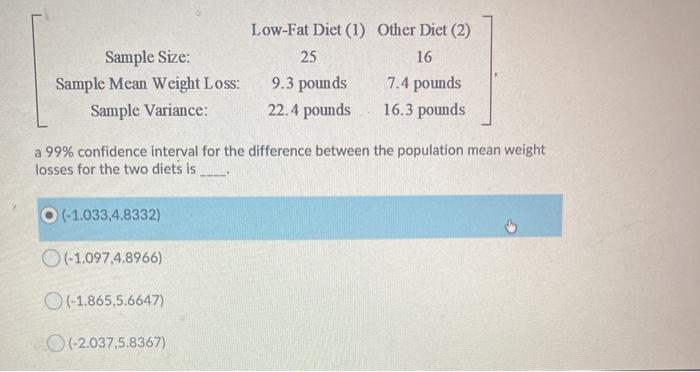 Solved Sample Size: Sample Mean Weight Loss: Sample | Chegg.com