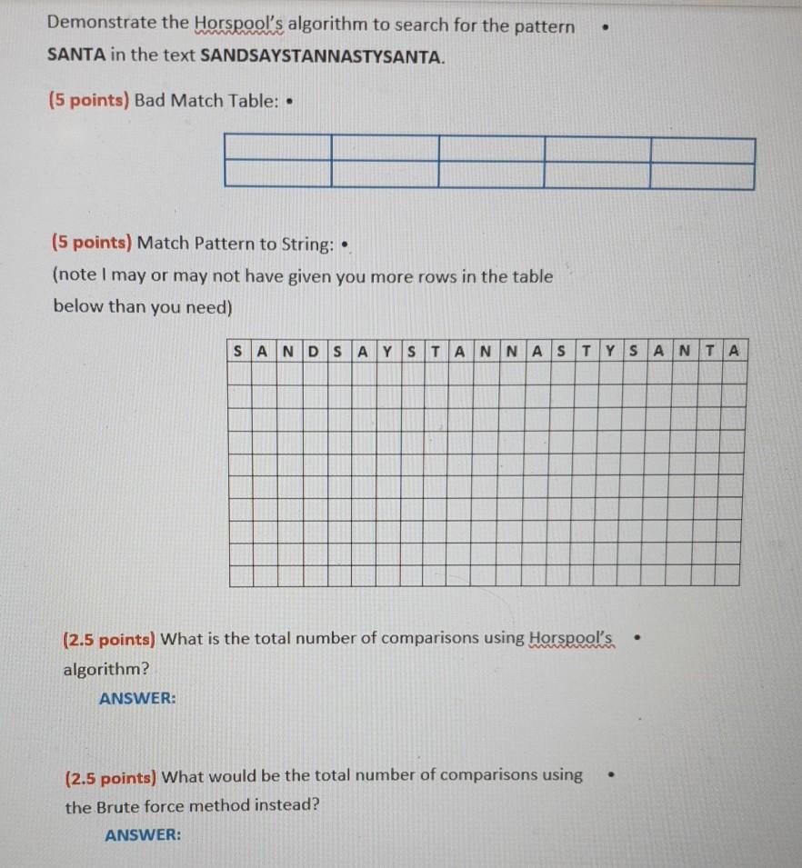 Solved . Demonstrate the Horspool's algorithm to search for | Chegg.com