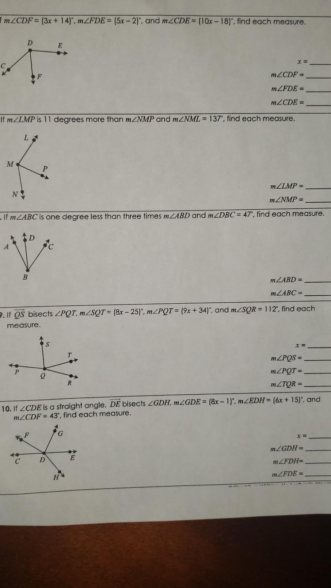 Solved m∠CDF=(3x+14)∘,m∠FDE=(5x−2)∘, and m∠CDE=(10x−18)∘, | Chegg.com