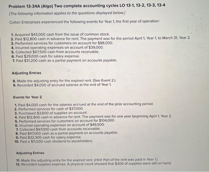 Solved Problem 13-34A (Algo) Two complete accounting cycles | Chegg.com