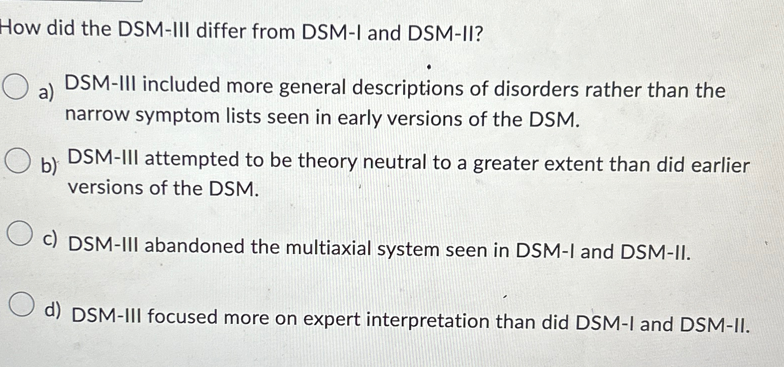 Solved How did the DSM-III differ from DSM-I and DSM-II?a) | Chegg.com