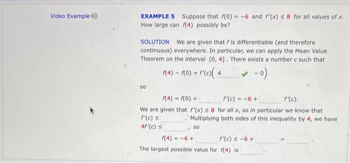 Solved EXAMPLE 5 Suppose that f(0)=−6 and f′(x)≤8 for all | Chegg.com