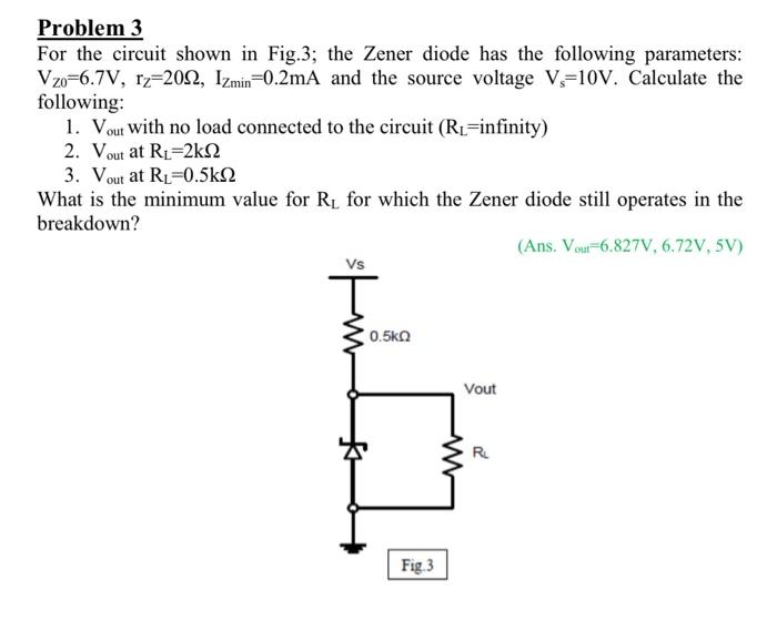 Solved Problem 3 For the circuit shown in Fig.3; the Zener | Chegg.com