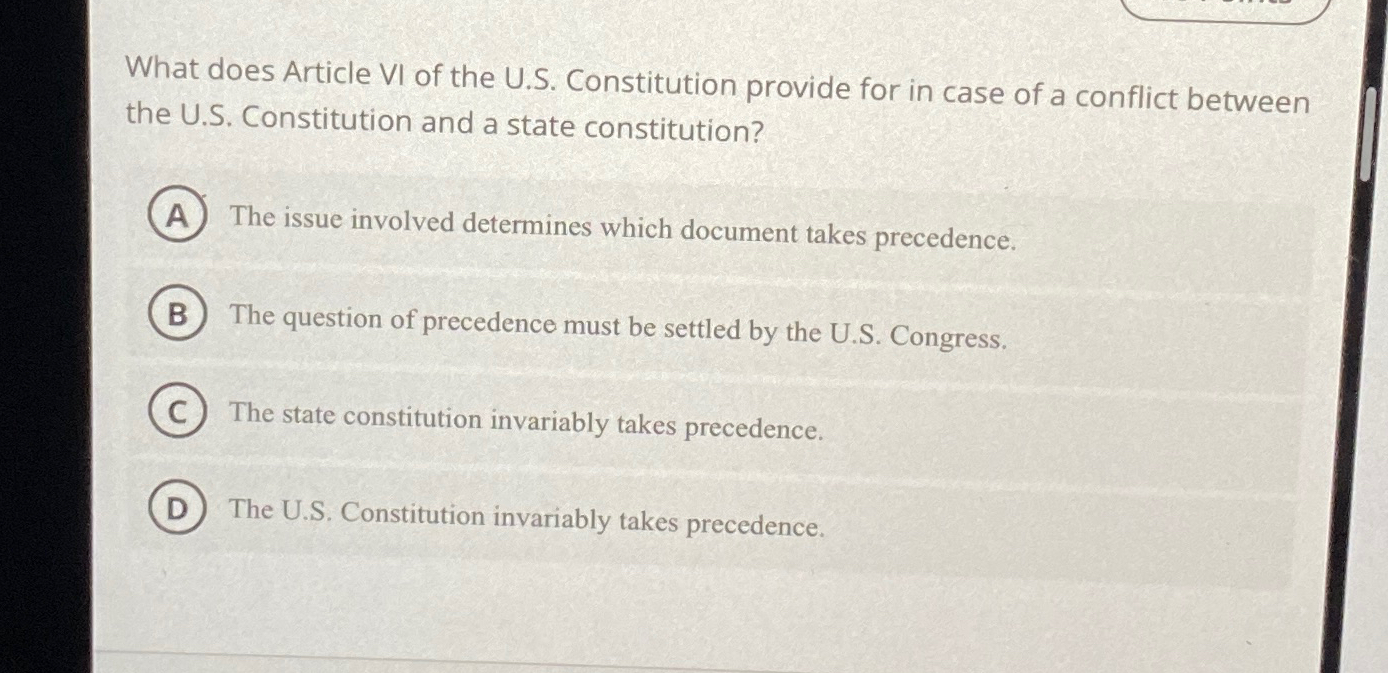 Solved What does Article VI of the U.S. ﻿Constitution | Chegg.com