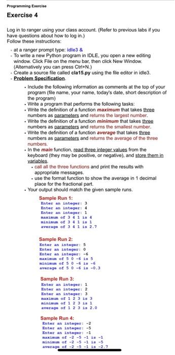 Solved Programming Exercise Exercise 4 Log in to ranger | Chegg.com