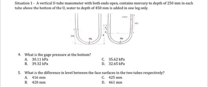 Solved Situation 1 - A vertical U-tube manometer with both | Chegg.com