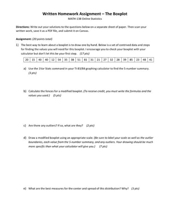 Written Homework Assignment The Boxplot Math 138 2697