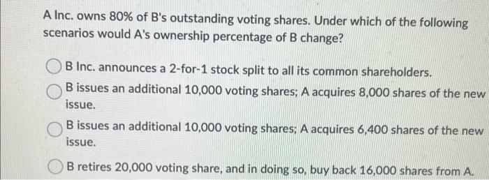Solved A Inc. owns 80% of B's outstanding voting shares. | Chegg.com