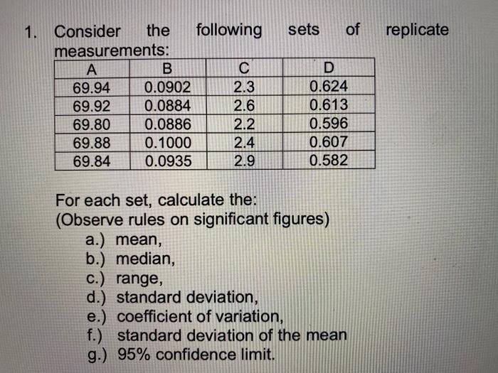 Solved sets of replicate 1. Consider the following | Chegg.com
