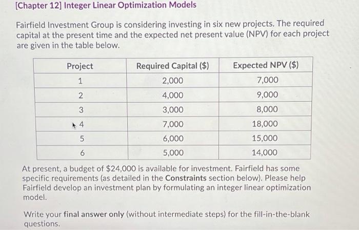 Solved (Chapter 12] Integer Linear Optimization Models | Chegg.com