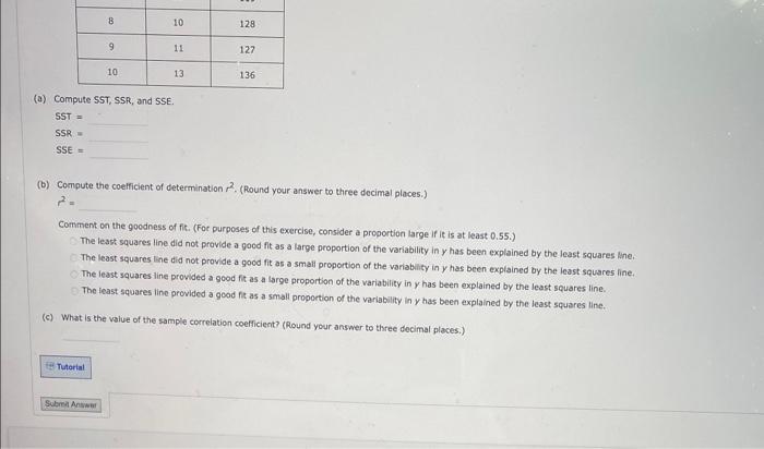 Solved y=92+4xa) Compute SST, SSR, and SSE. SST = SSR = | Chegg.com