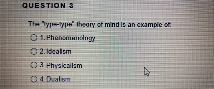 Solved QUESTION 3 The "type-type" theory of mind is an | Chegg.com