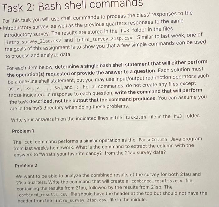 Task 2: Bash shell commands For this task you will | Chegg.com
