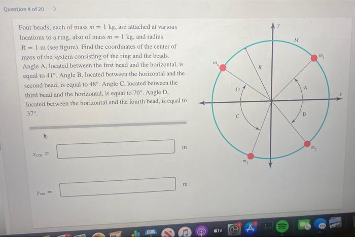 Solved Question 4 of 20 > M R Four beads, each of mass m = 1 | Chegg.com