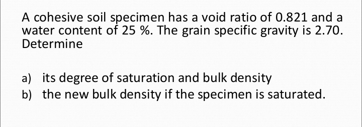 Solved A cohesive soil specimen has a void ratio of 0.821 | Chegg.com