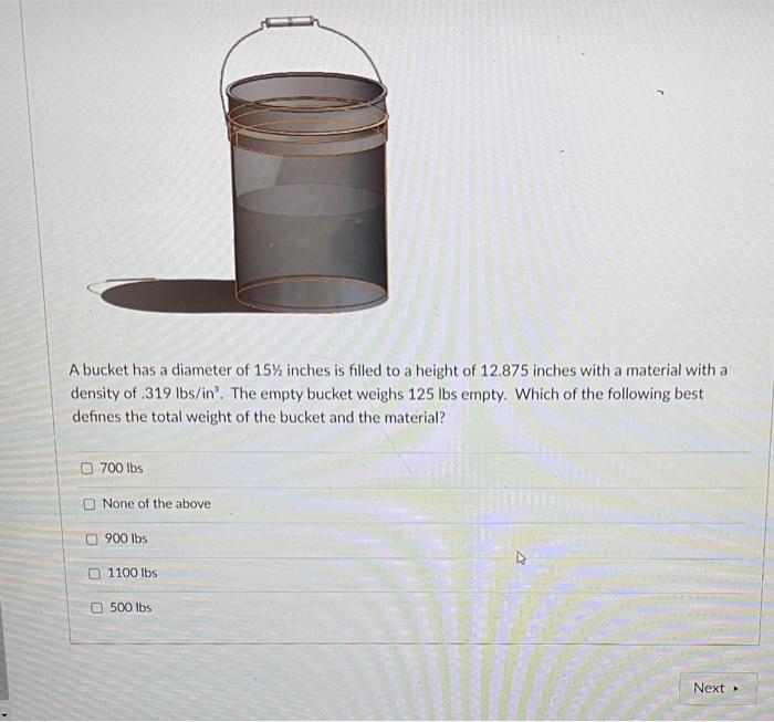 Solved A bucket has a diameter of 1521 inches is filled to a | Chegg.com