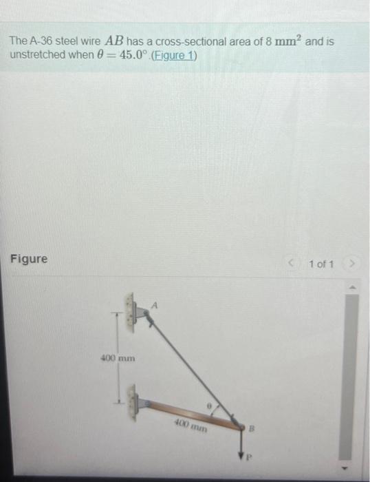 Solved The A-36 steel wire \\( A B \\) has a cross-sectional | Chegg.com