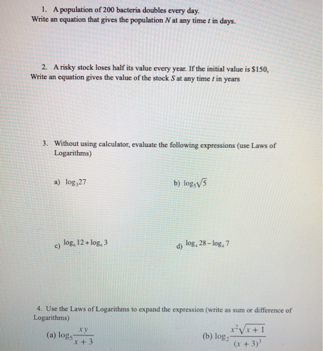 Solved 1. A population of 200 bacteria doubles every day. | Chegg.com ...