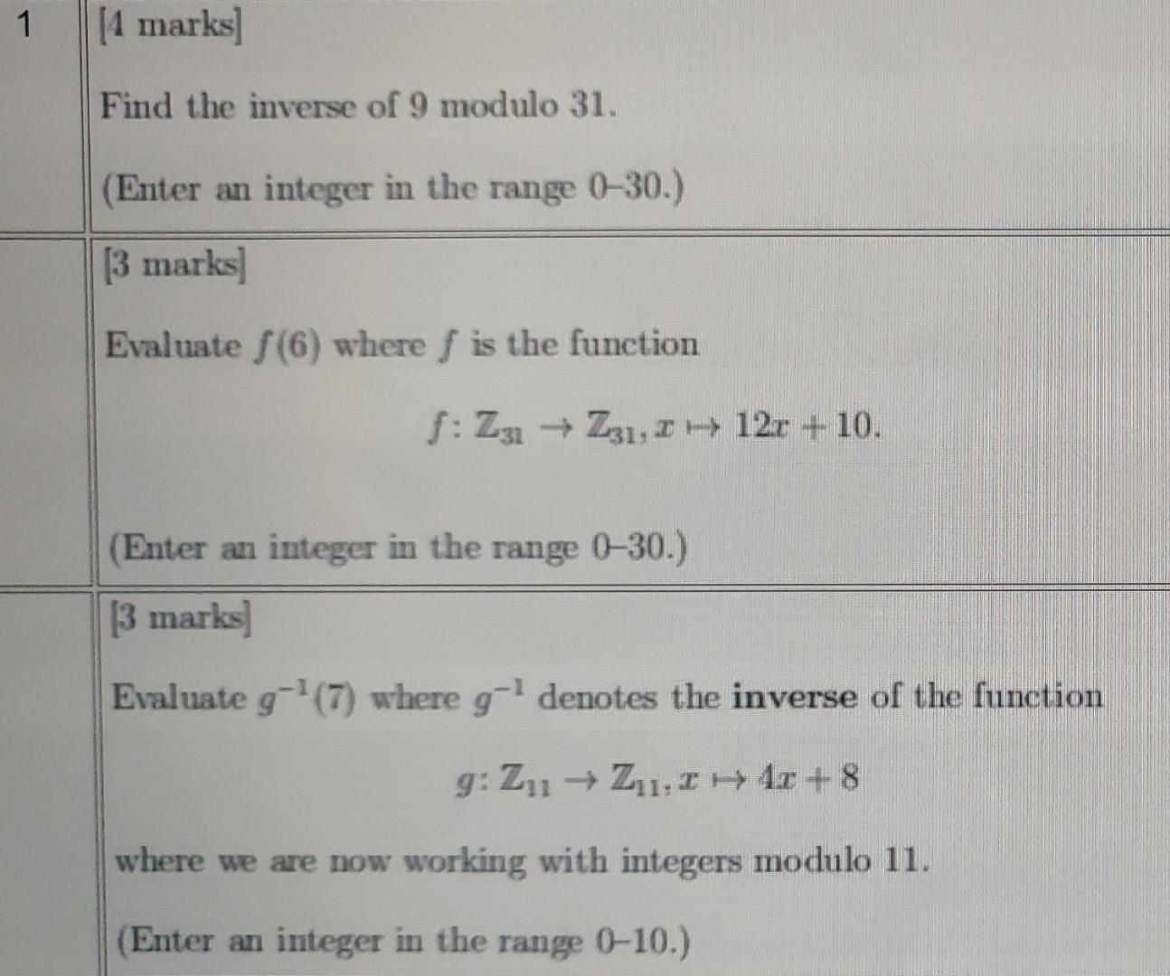 Solved 1 (4 marks] Find the inverse of 9 modulo 31. (Enter | Chegg.com