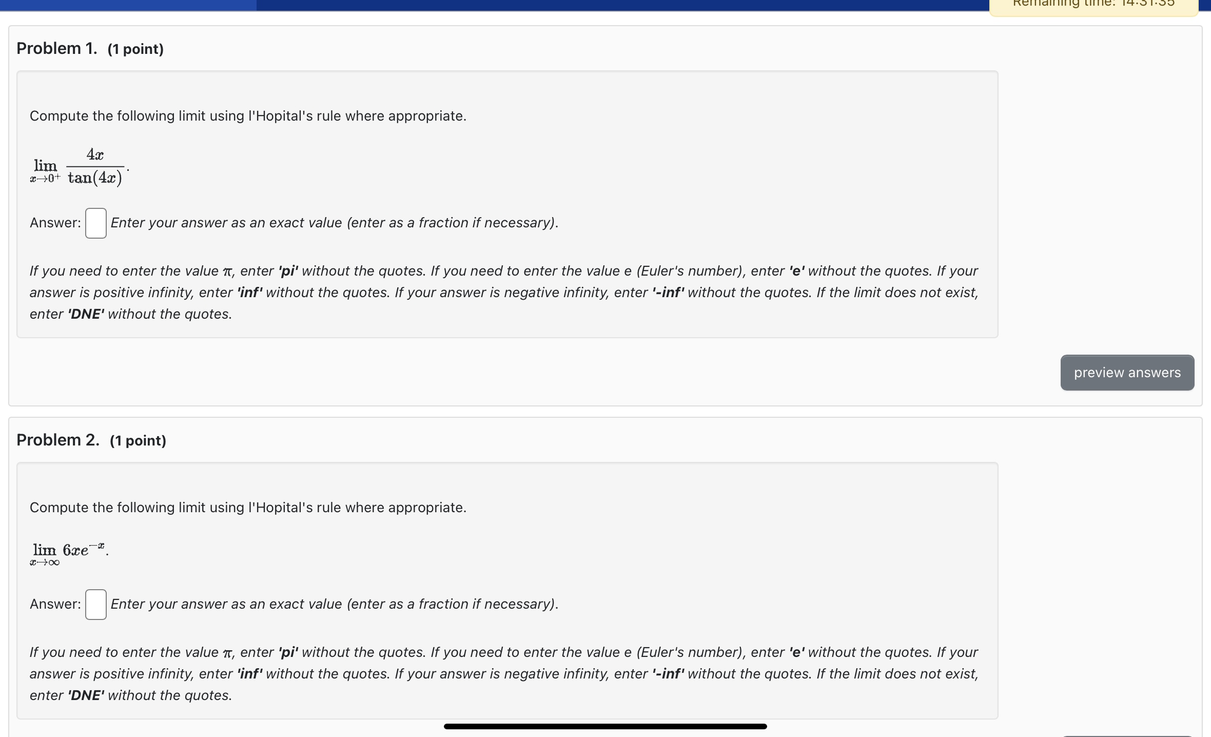 Solved Problem 1. (1 ﻿point)Compute the following limit | Chegg.com