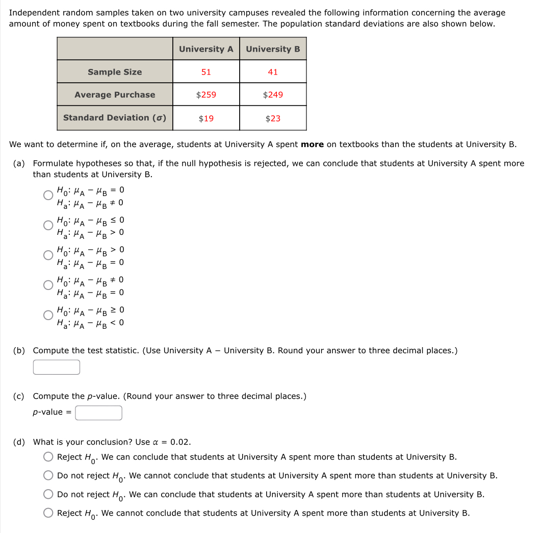 Solved Independent random samples taken on two university | Chegg.com